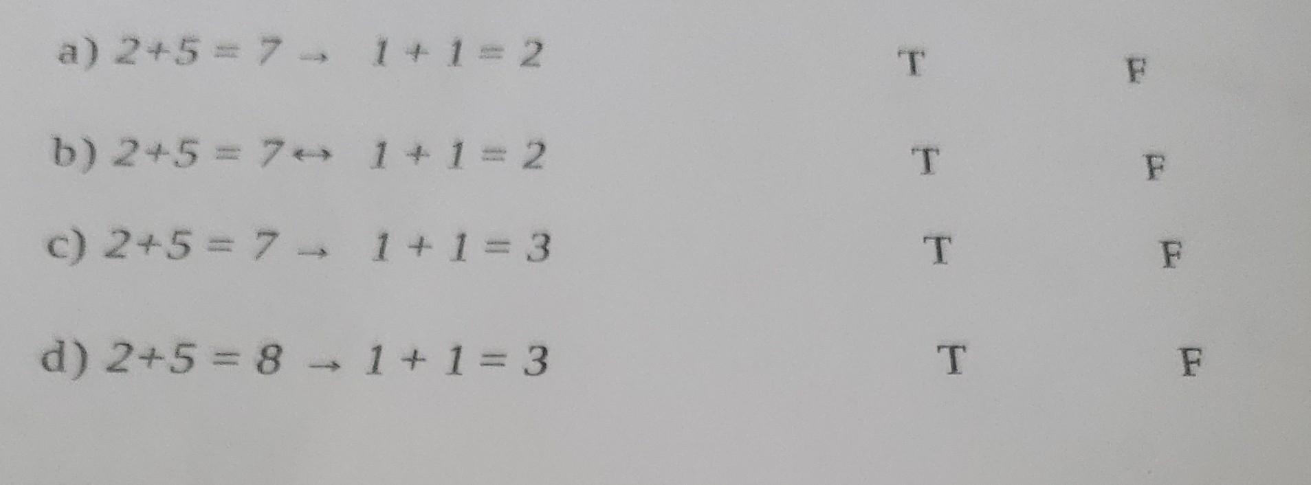 Solved a) 2+5=7→1+1=2 b) 2+5=7↔1+1=2 c) 2+5=7→1+1=3 F d) | Chegg.com