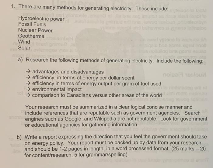 Solved 1. There are many methods for generating electricity. | Chegg.com