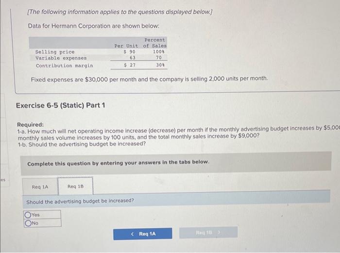 Solved Exercise 6-5 (Static) Changes in Variable Costs, | Chegg.com