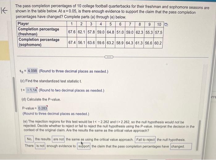 Solved The pass completion percentages of 10 college | Chegg.com
