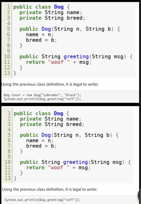Solved \begin{tabular}{r|r} 1 & public class Dog \{ \\ 2 & | Chegg.com