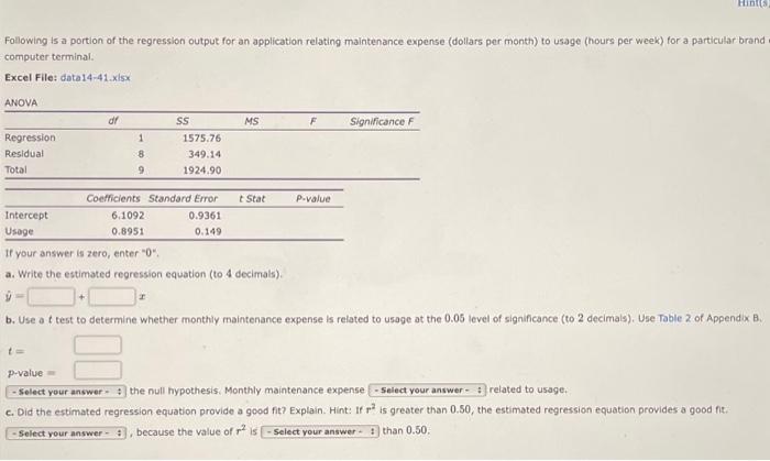 Solved Hints Following is a portion of the regression output | Chegg.com