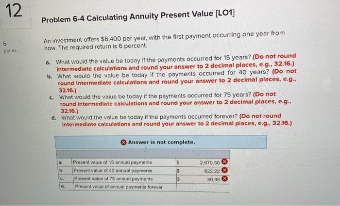 Solved 12 Problem 6-4 Calculating Annuity Present Value | Chegg.com