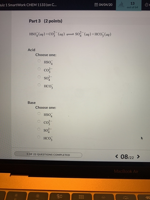 Solved Identify the acid and base reactants in the following | Chegg.com