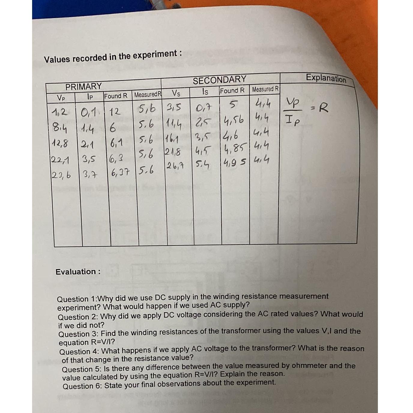 Solved Values recorded in the experiment :Evaluation | Chegg.com