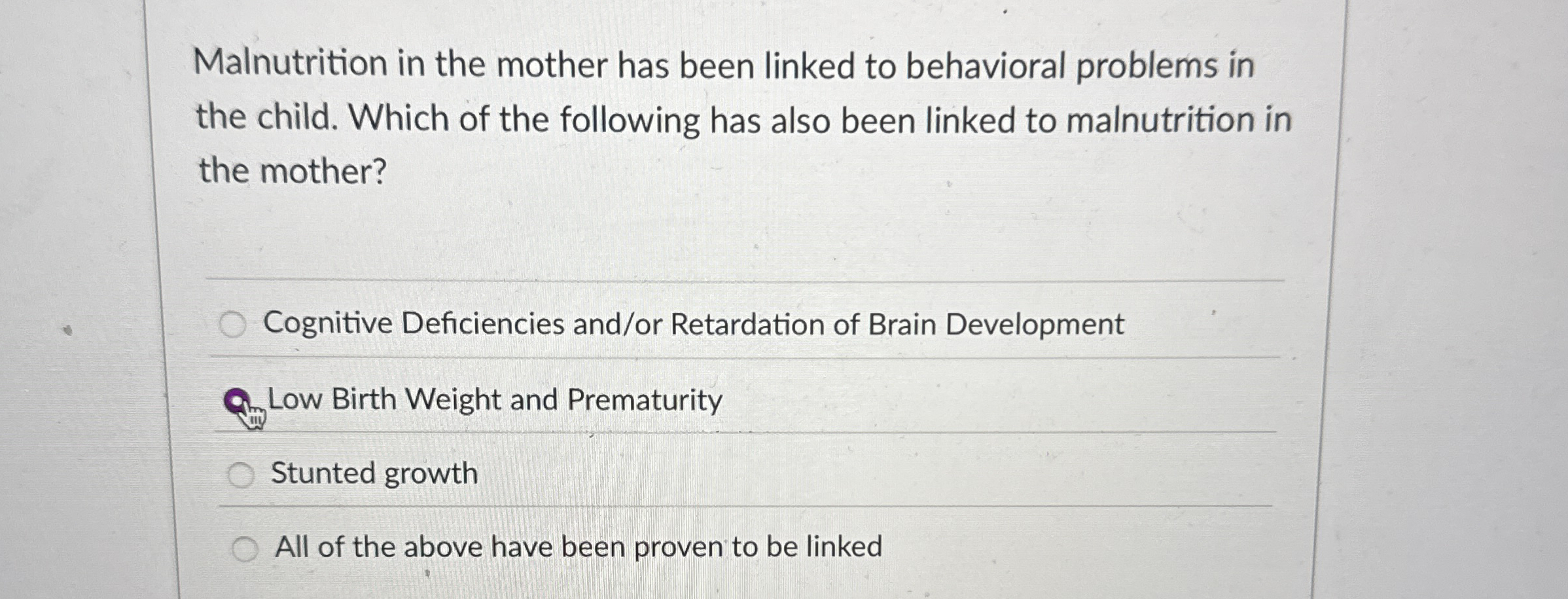 Solved Malnutrition in the mother has been linked to | Chegg.com