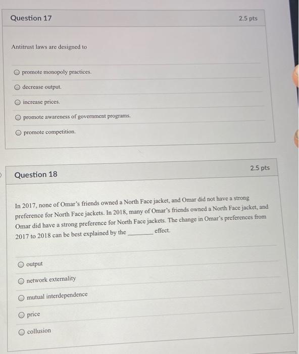 Solved Question 17 2.5 pts Antitrust laws are designed to | Chegg.com Solved Question 17 2.5 pts Antitrust laws are designed to | Chegg.com