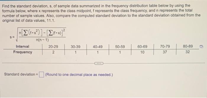 Solved Find the standard deviation, s, of sample data | Chegg.com
