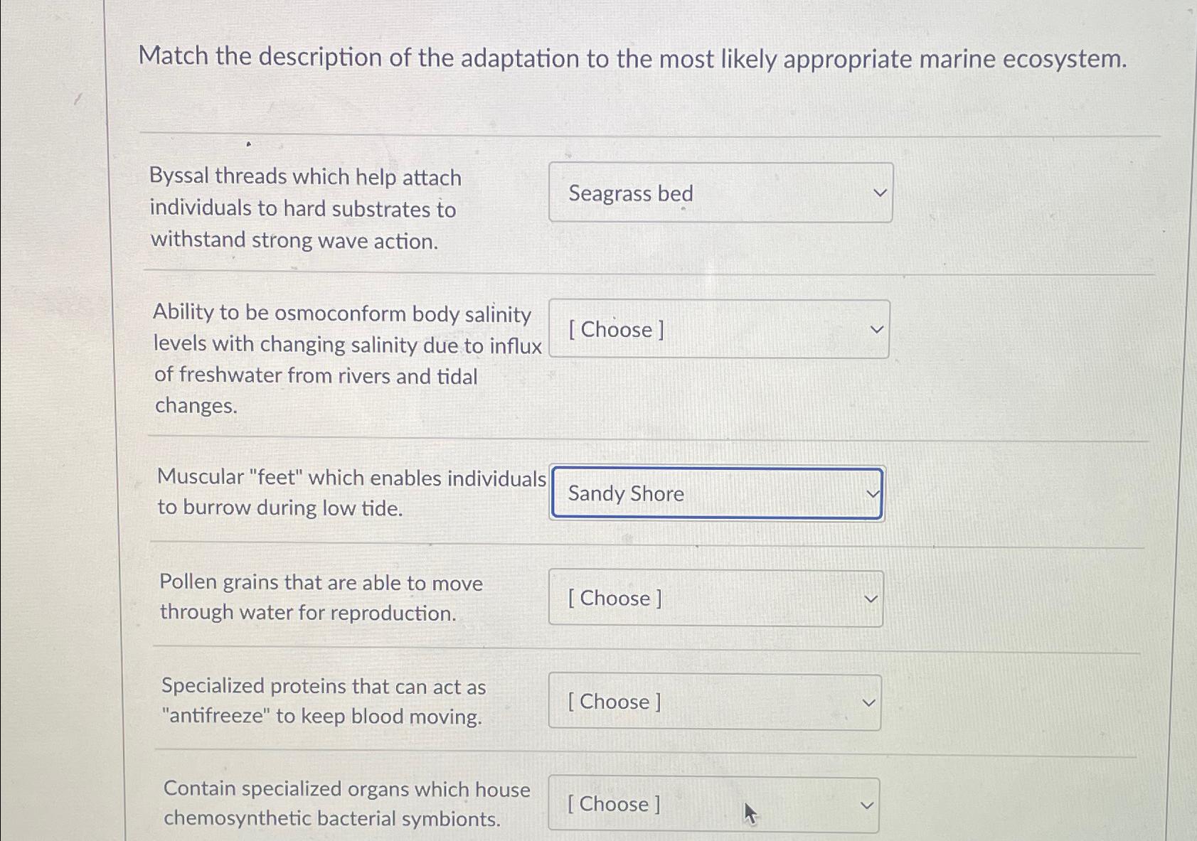 Solved Match the description of the adaptation to the most | Chegg.com