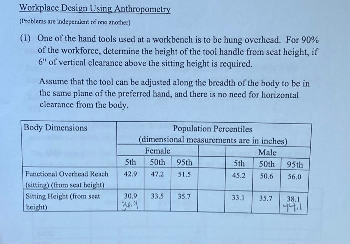 Workplace Design Using Anthropometry (Problems are | Chegg.com