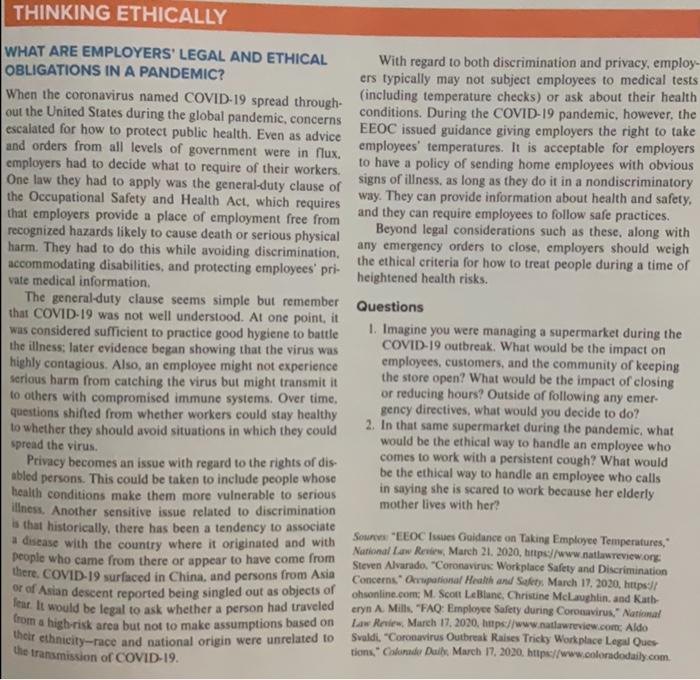 THINKING ETHICALLY WHAT ARE EMPLOYERS' LEGAL AND | Chegg.com