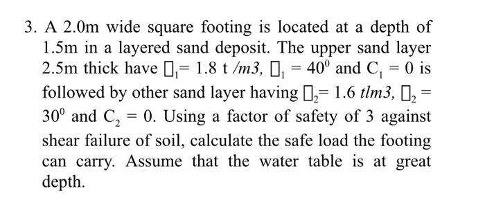 Solved 3. A 2.0 m wide square footing is located at a depth | Chegg.com