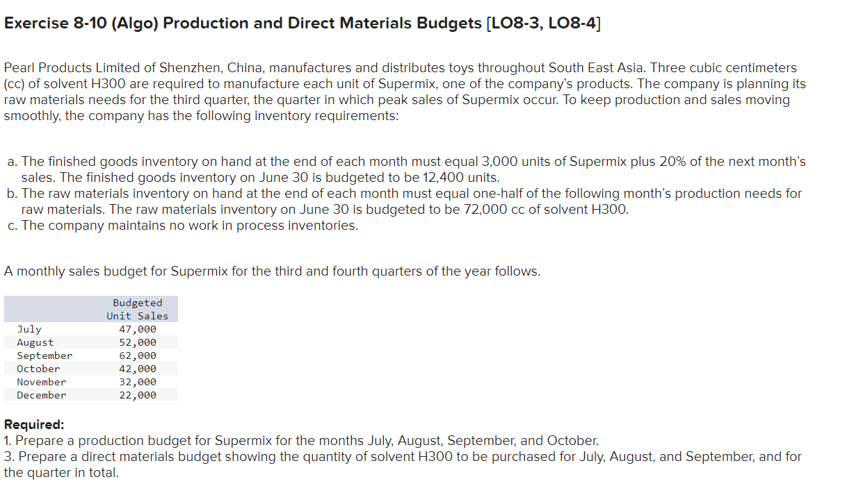 Solved Exercise 8-10 (Algo) ﻿Production and Direct Materials | Chegg.com
