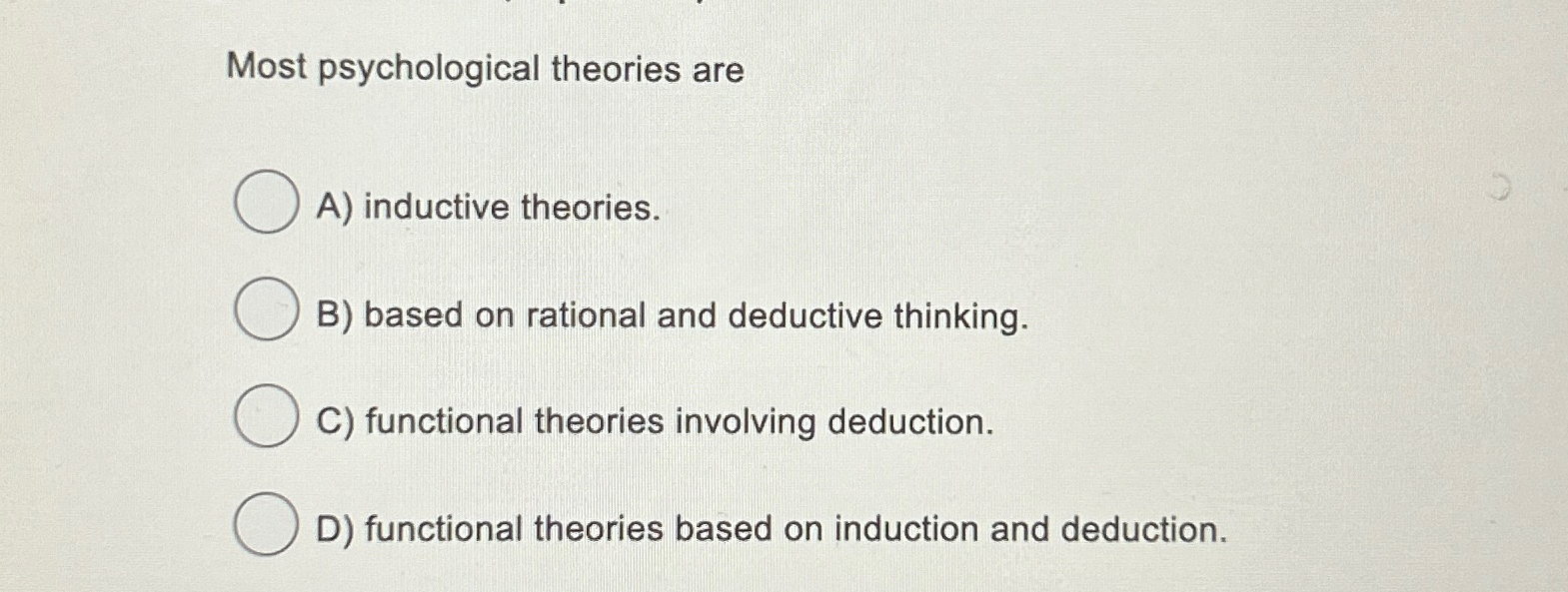 Solved Most psychological theories areA) ﻿inductive | Chegg.com