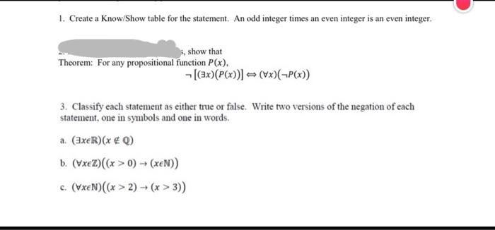 Solved 1. Create a Know/Show table for the statement. An odd | Chegg.com