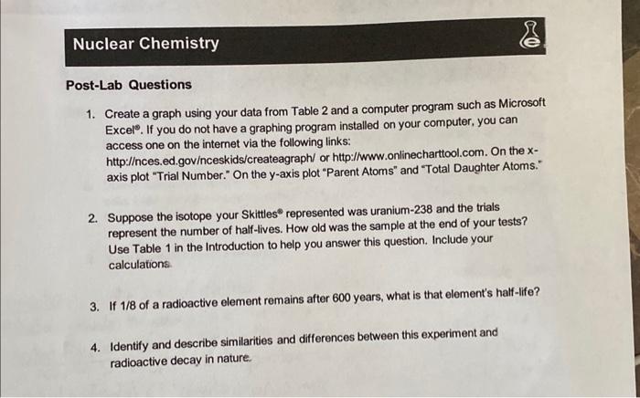 EXPERIMENT 1: ESTIMATING HALF-LIFE Data Sheet Tahla | Chegg.com
