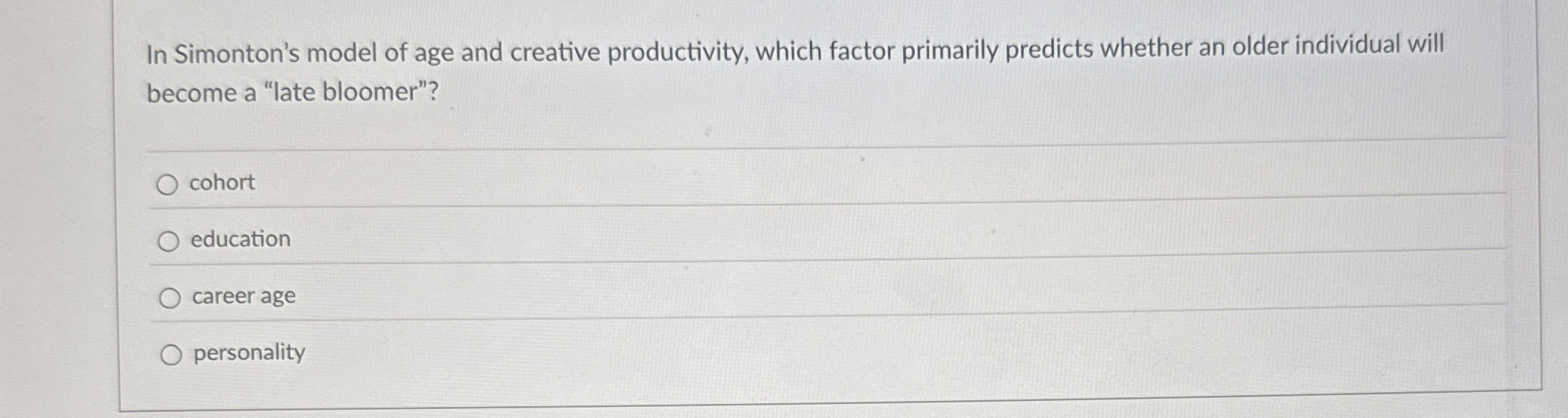 Solved In Simonton's model of age and creative productivity, | Chegg.com