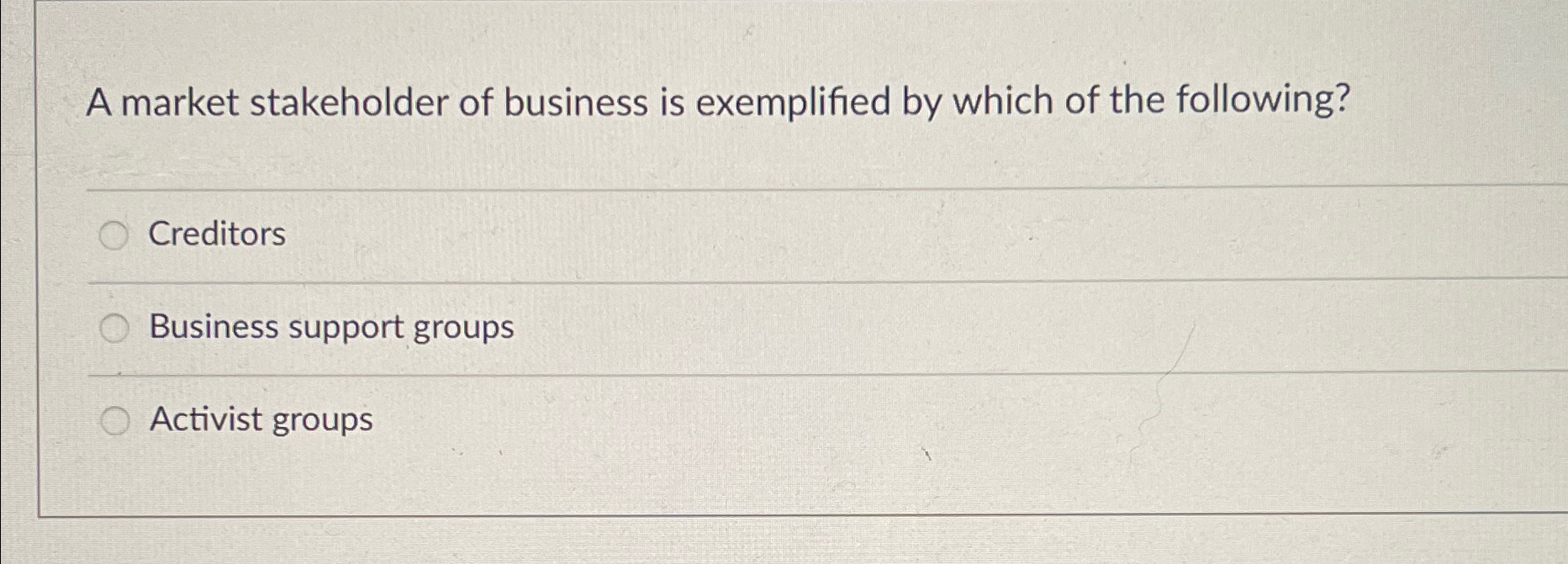 Solved A market stakeholder of business is exemplified by | Chegg.com