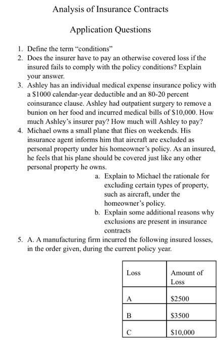 Solved Analysis of Insurance Contracts Application Questions | Chegg.com