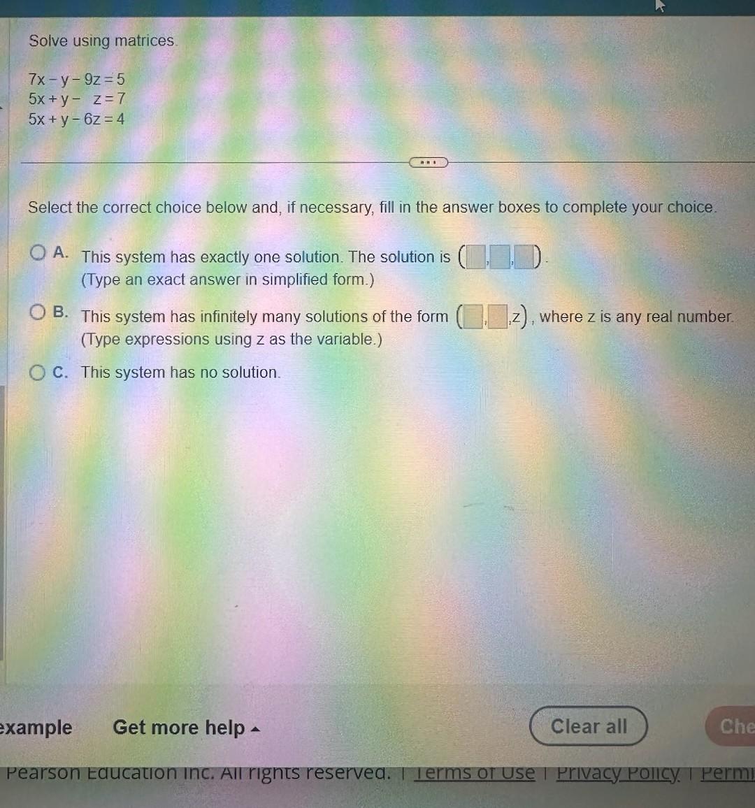 Solved Solve using matrices. 7x−y−9z=55x+y−z=75x+y−6z=4 | Chegg.com