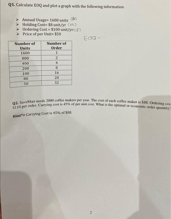 Solved Q1. Calculate EOQ and plot a graph with the following | Chegg.com