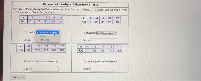Solved Determine Linearity and Slope from a Table For each | Chegg.com