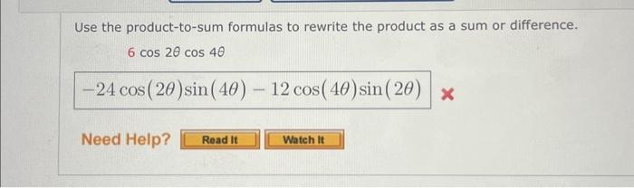Solved Use the product-to-sum formulas to rewrite the | Chegg.com