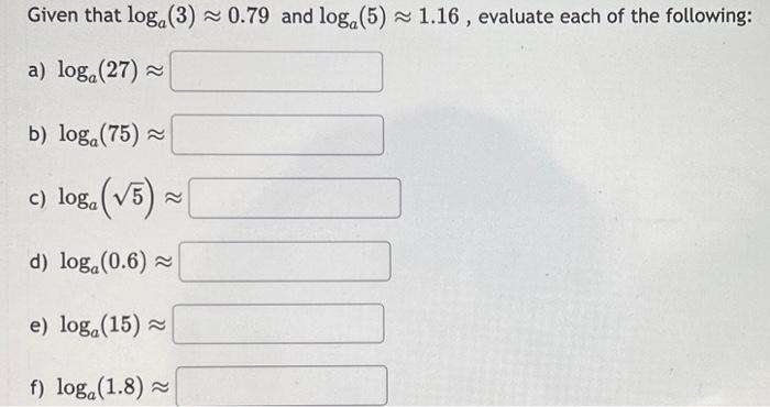 Solved Given that loga(3)≈0.79 and loga(5)≈1.16, evaluate | Chegg.com