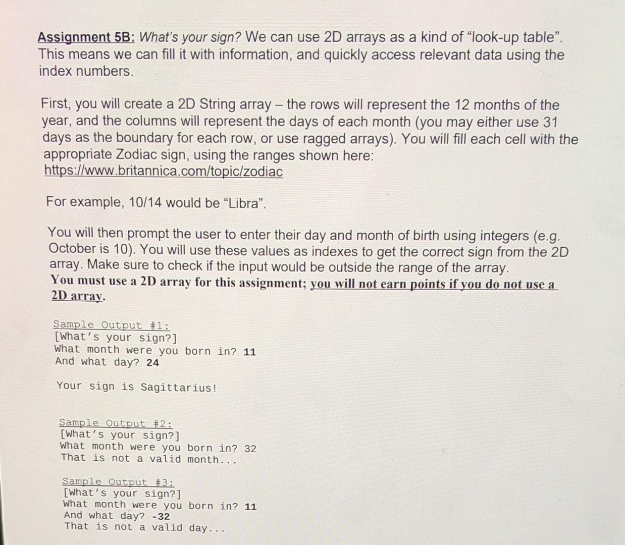 Assignment 5B: What's your sign? We can use 2D arrays | Chegg.com