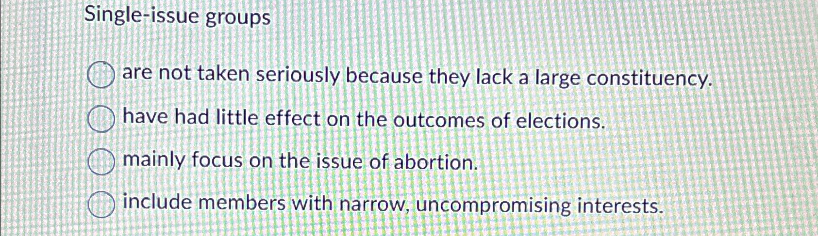 Solved Single-issue groupsare not taken seriously because | Chegg.com