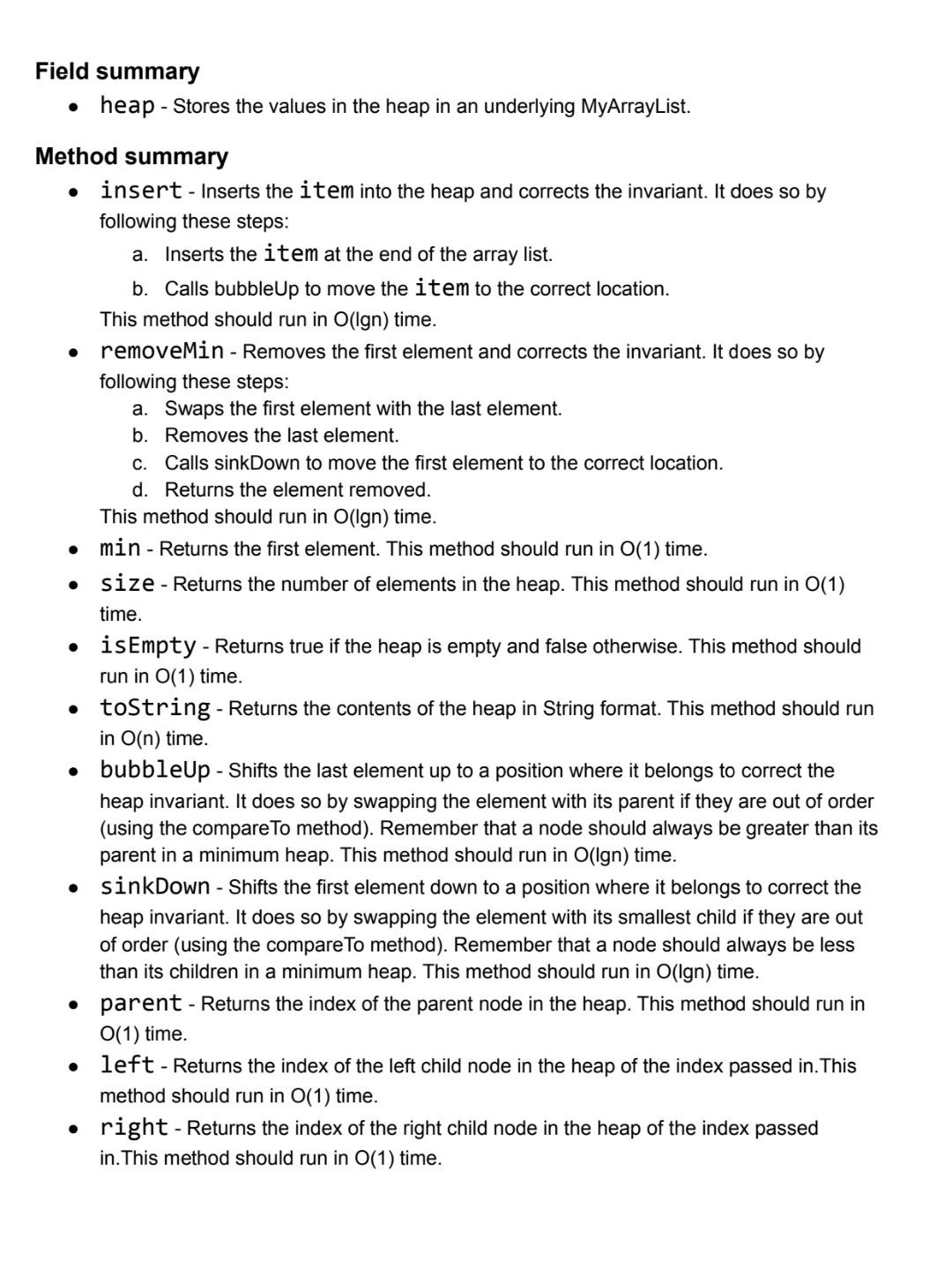 Solved Java, bubbleUp, sinkDown, removeMin, and insert need | Chegg.com