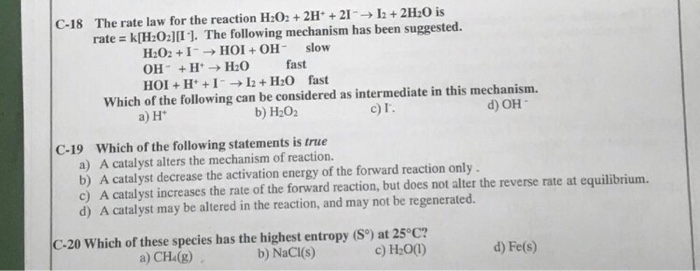 Solved C-18 12 + 2H20 is The rate law for the reaction H2O2 | Chegg.com