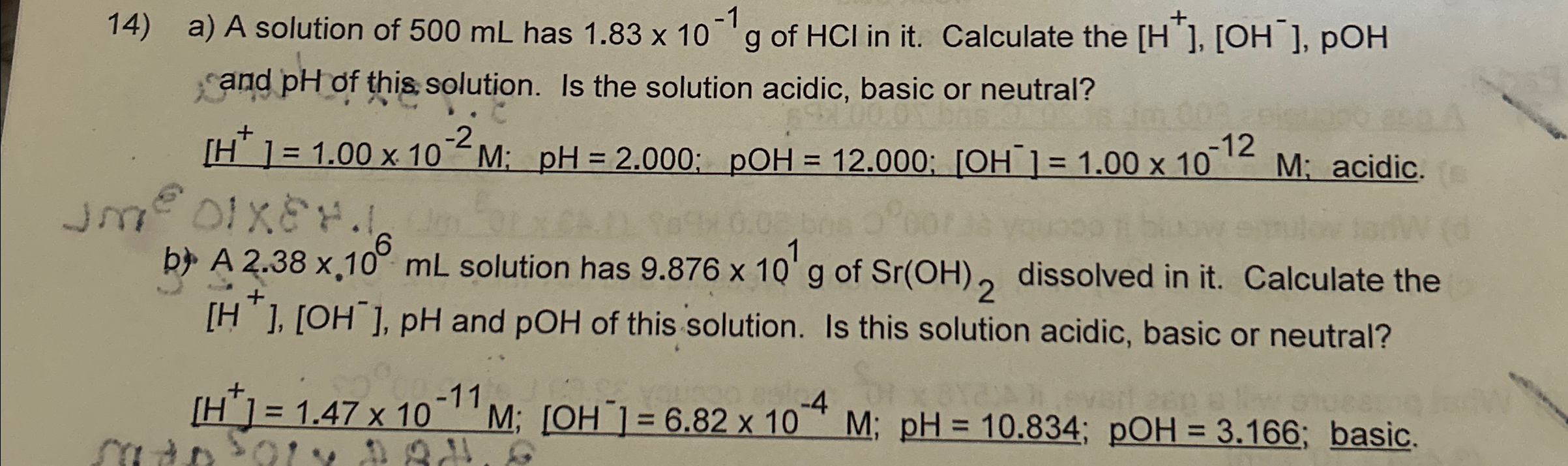 Solved a) ﻿A solution of 500mL ﻿has 1.83×10-1g ﻿of HCl ﻿in | Chegg.com
