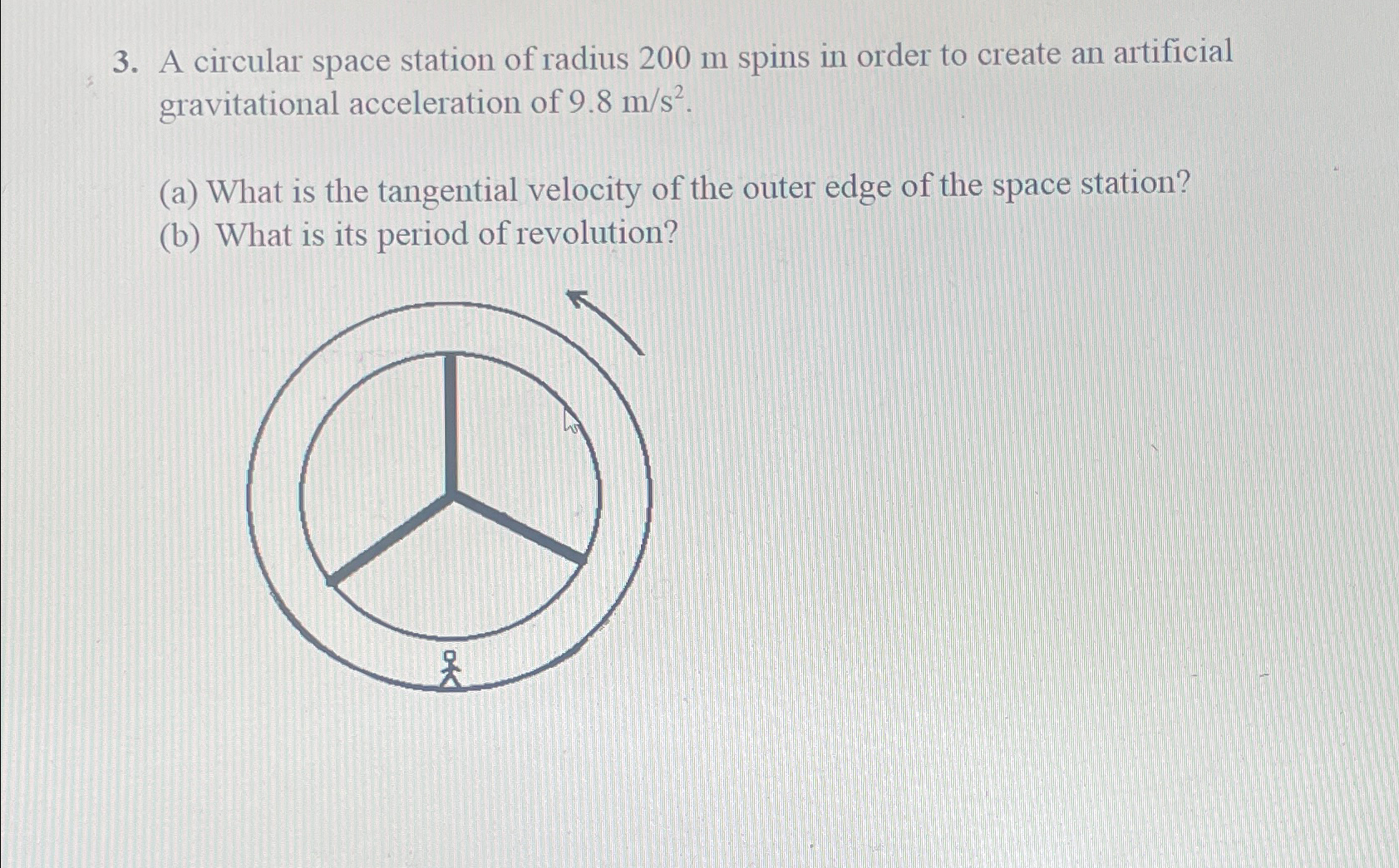 Solved A circular space station of radius 200m ﻿spins in | Chegg.com