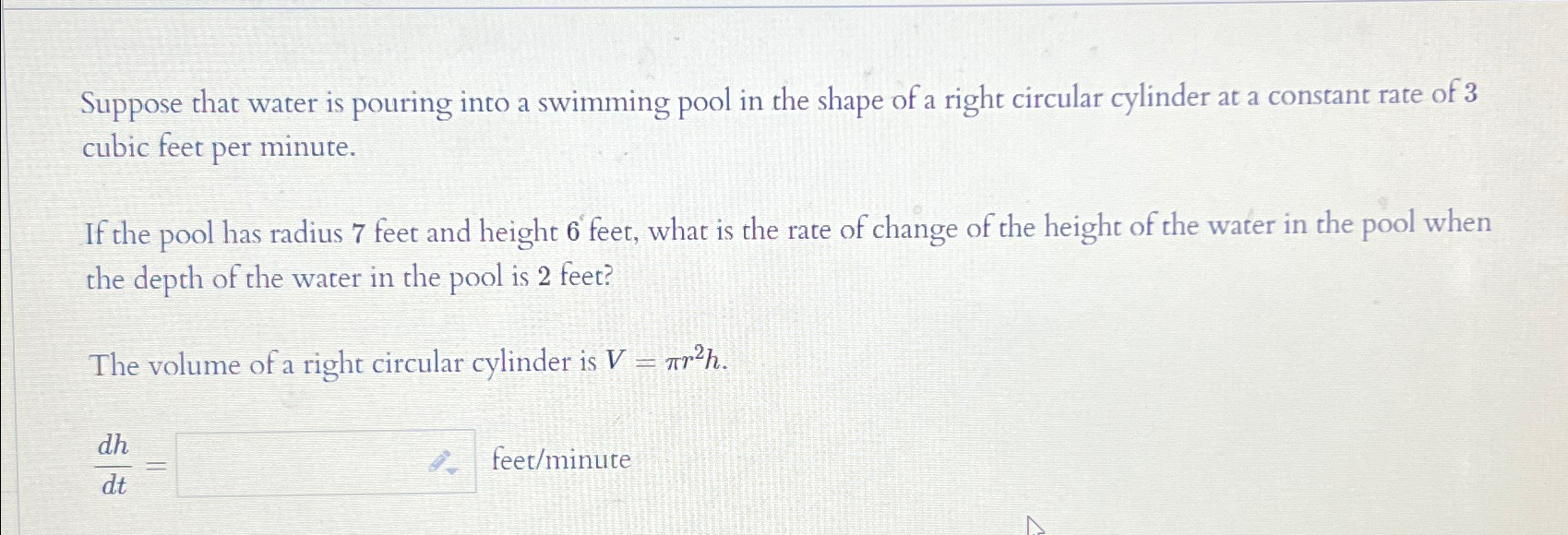 Solved Suppose that water is pouring into a swimming pool in | Chegg.com
