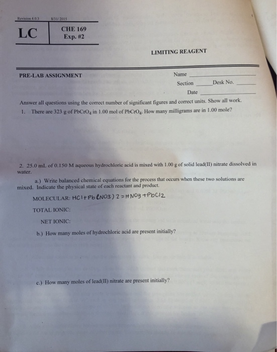 Solved Revision 4.03 231/2015 LC CHE 169 Exp. #2 LIMITING | Chegg.com