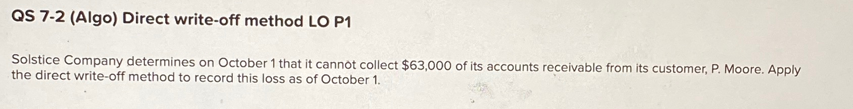 Solved QS 7-2 (Algo) ﻿Direct write-off method LO P1Solstice | Chegg.com