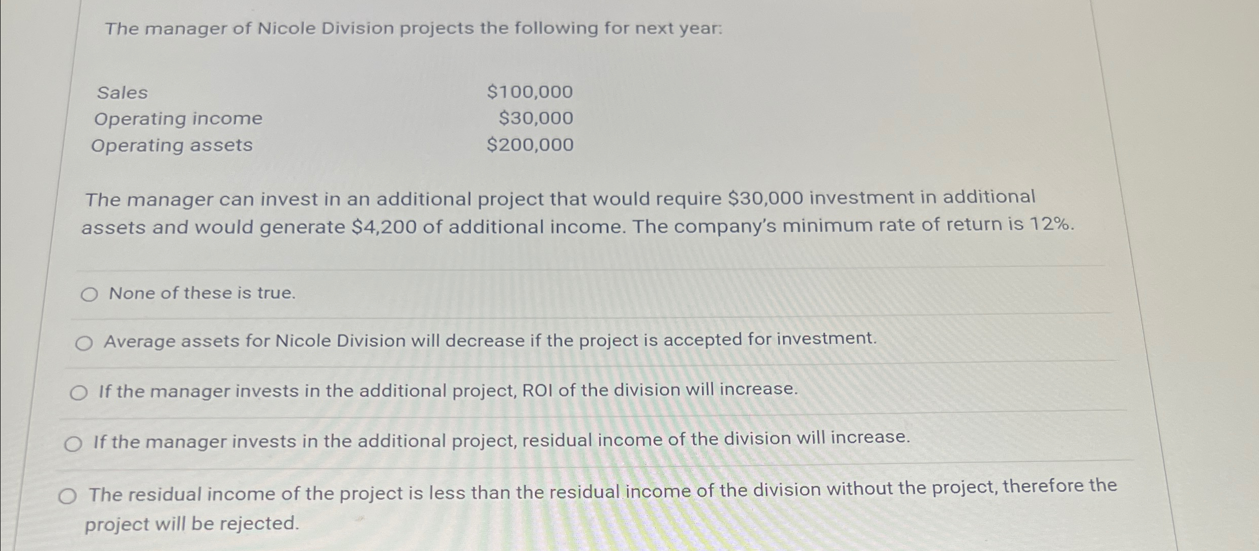 Solved The manager of Nicole Division projects the following | Chegg.com