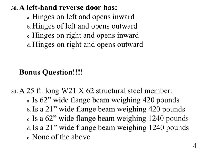 Solved a. 30. A left-hand reverse door has: Hinges on left | Chegg.com