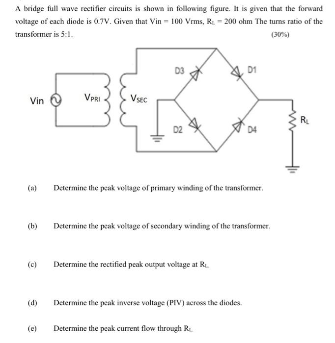Solved A bridge full wave rectifier circuits is shown in | Chegg.com