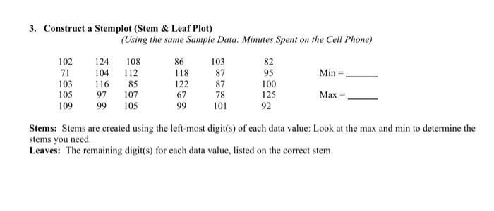 3. Construct a Stemplot (Stem \& Leaf Plot) (Using | Chegg.com