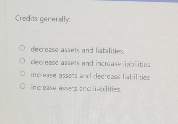 Solved Credits generally O decrease assets and liabilities. | Chegg.com