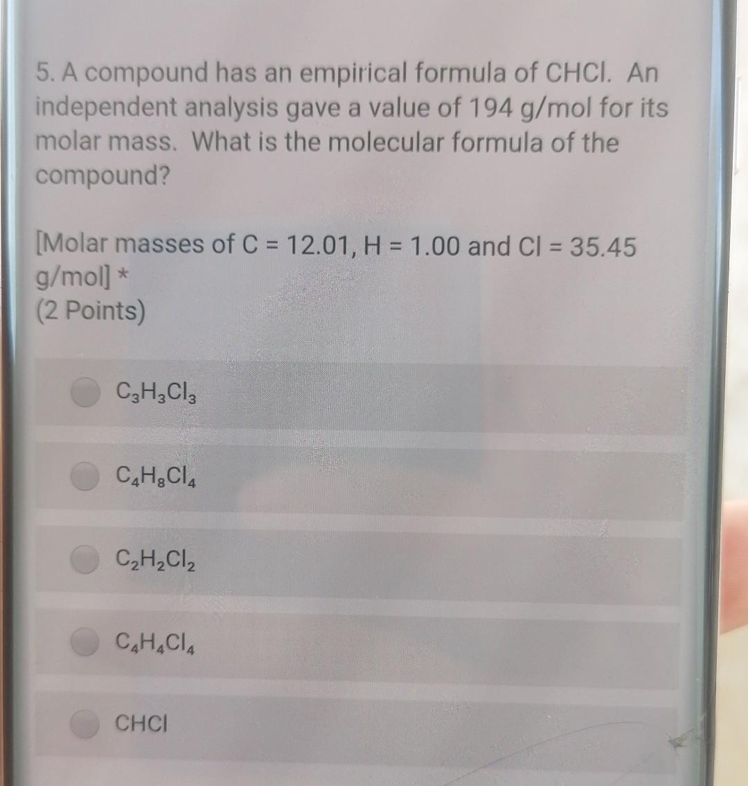 Solved 5. A compound has an empirical formula of CHCI. An | Chegg.com