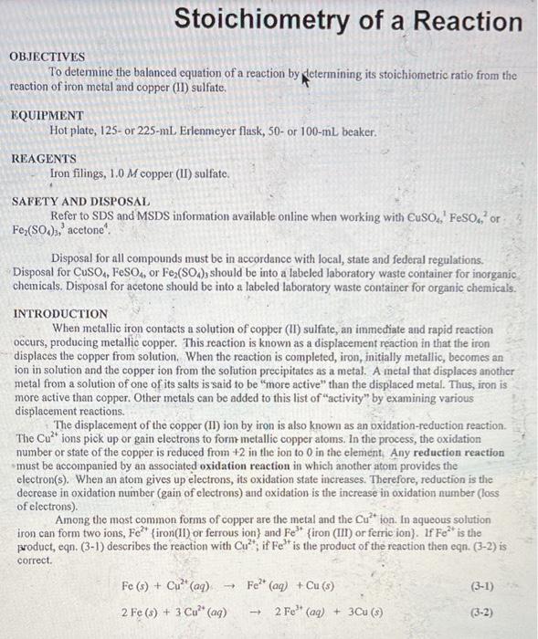 Solved Stoichiometry of a Reaction OBJECTIVES To determine | Chegg.com