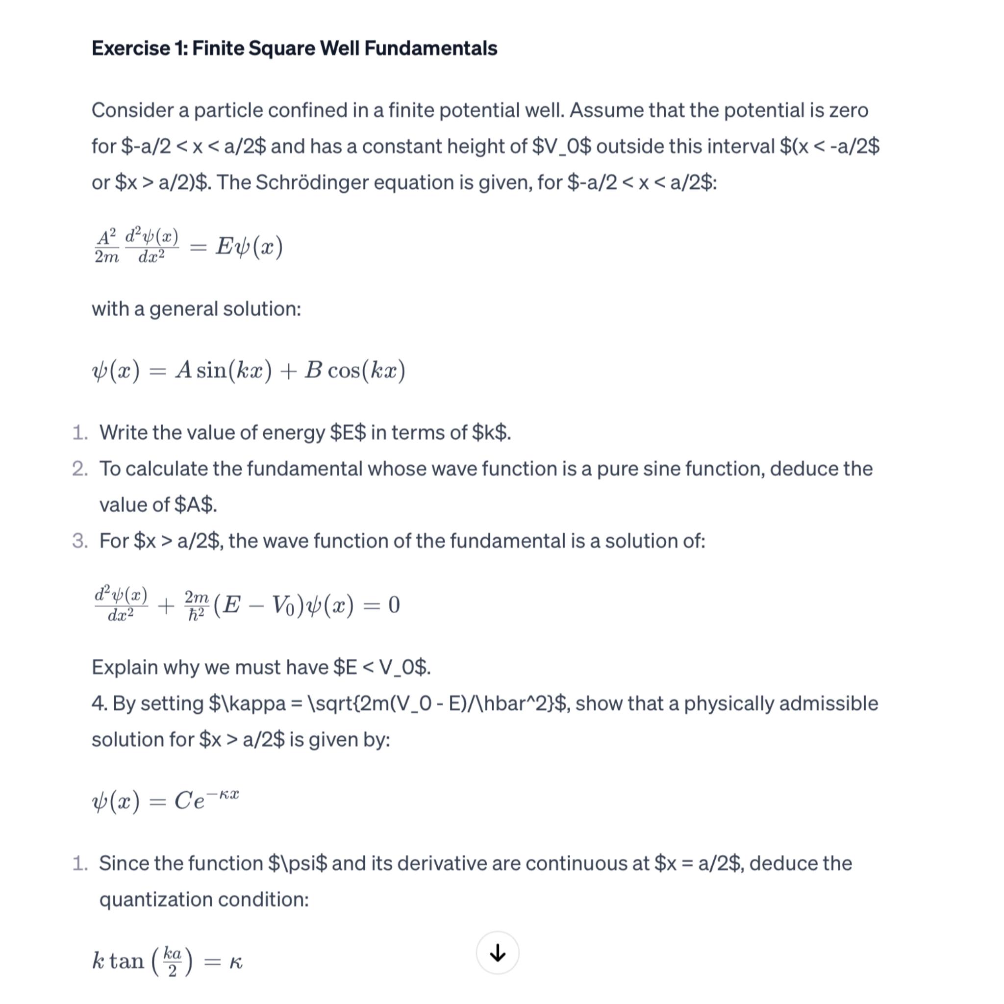 Solved Exercise 1: Finite Square Well FundamentalsConsider a | Chegg.com
