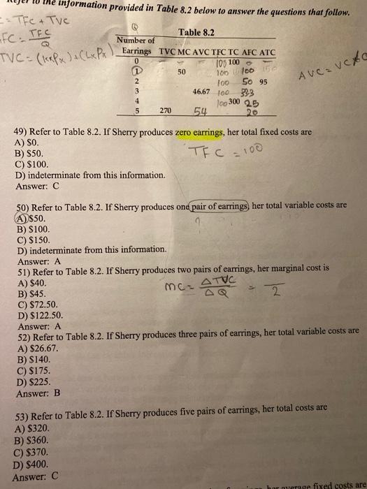 Solved information provided in Table 8.2 below to answer the | Chegg.com