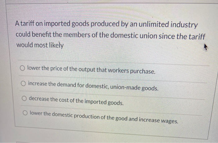 Solved A tariff on imported goods produced by an unlimited | Chegg.com
