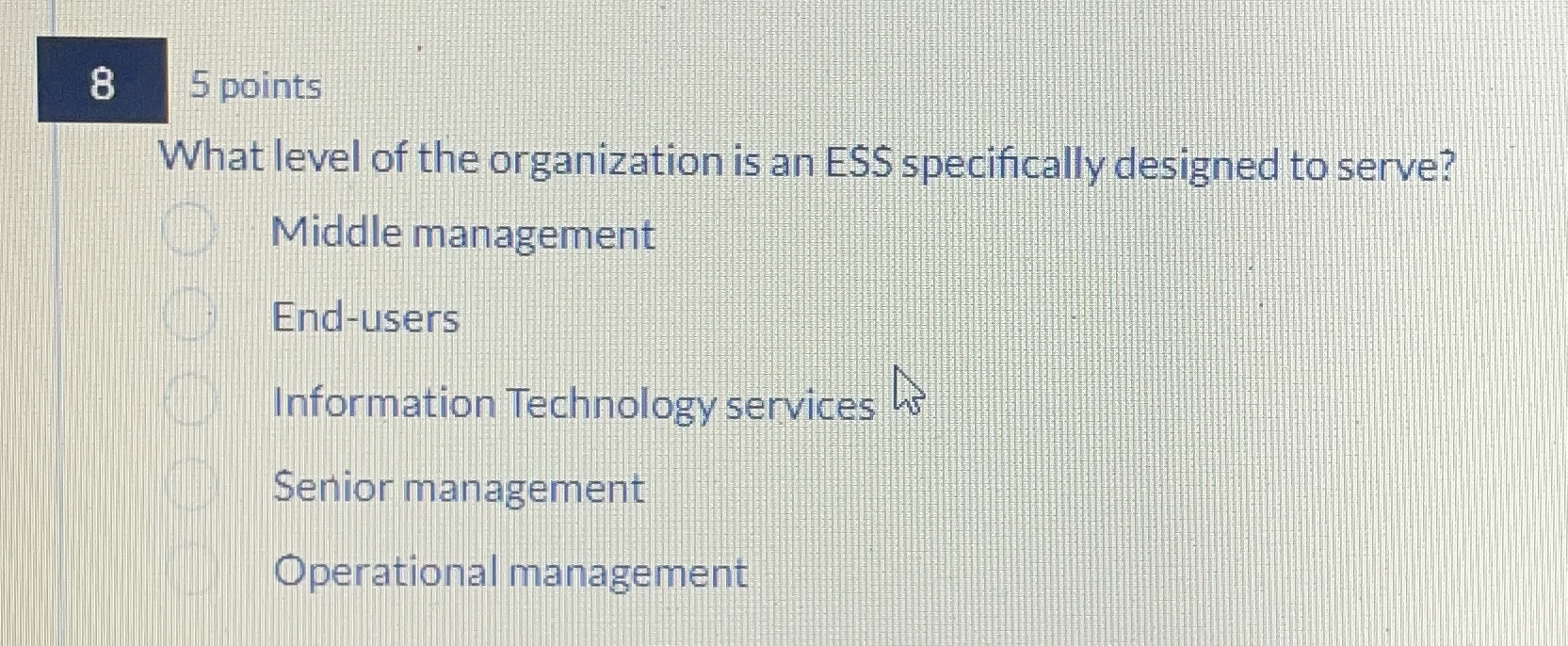 Solved 85 ﻿pointsWhat level of the organization is an ESS | Chegg.com