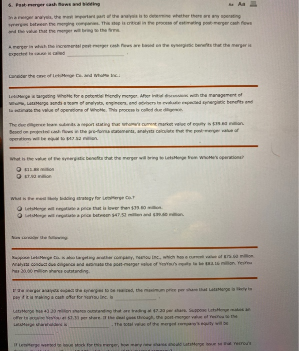 Solved 6. Post-merger cash flows and bidding Aa Aa E In a | Chegg.com