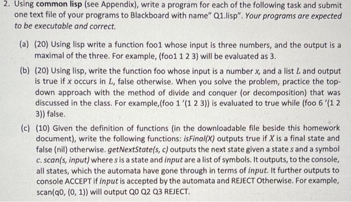 2. Using common lisp (see Appendix), write a program | Chegg.com